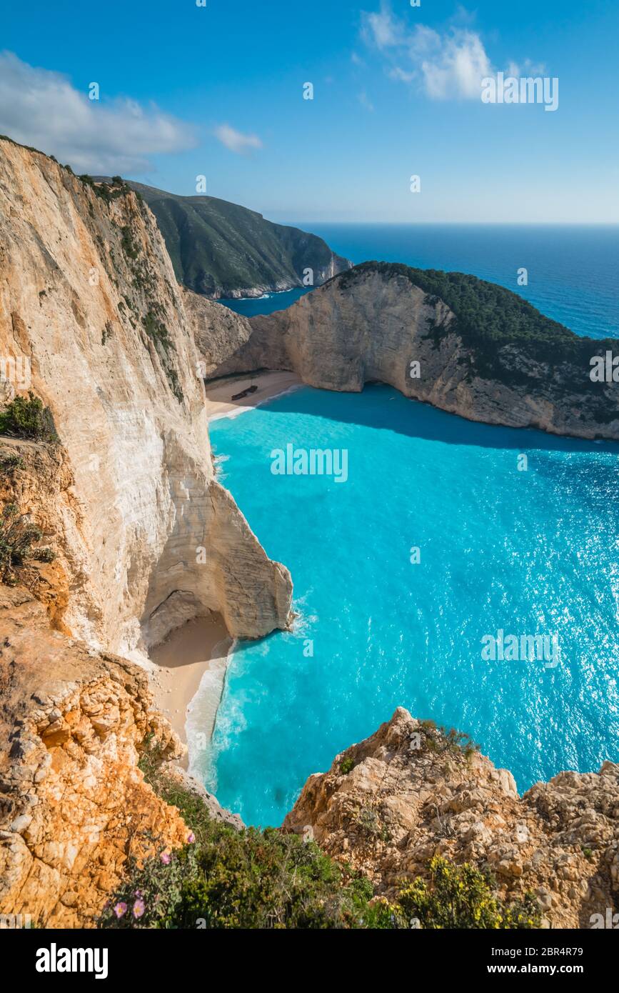 Stunning view of the cliffs in Shipwreck Cove in summer on Zante Island ...