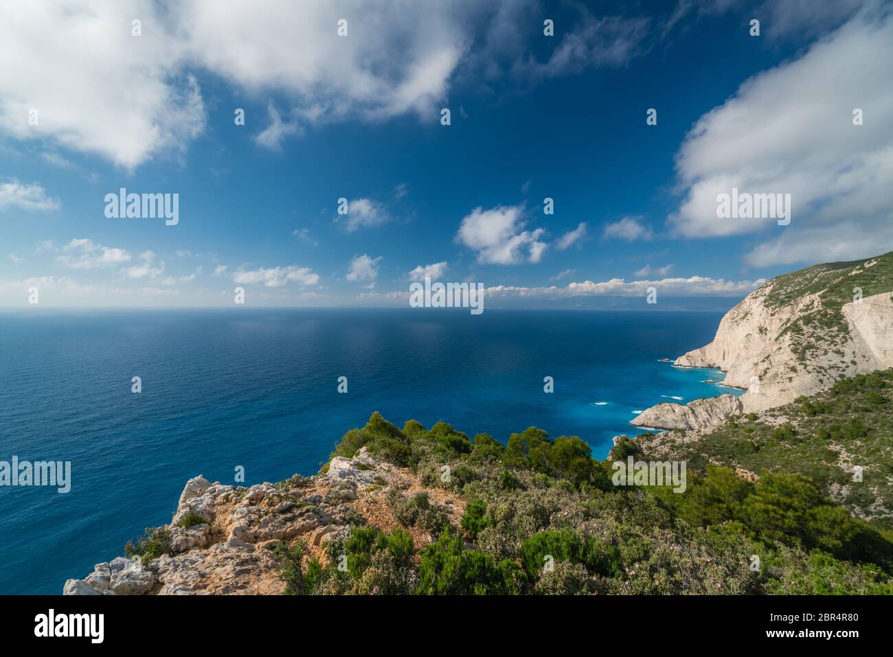 Panoramic view of the cliffs near Shipwreck Cove in summer on Zante ...