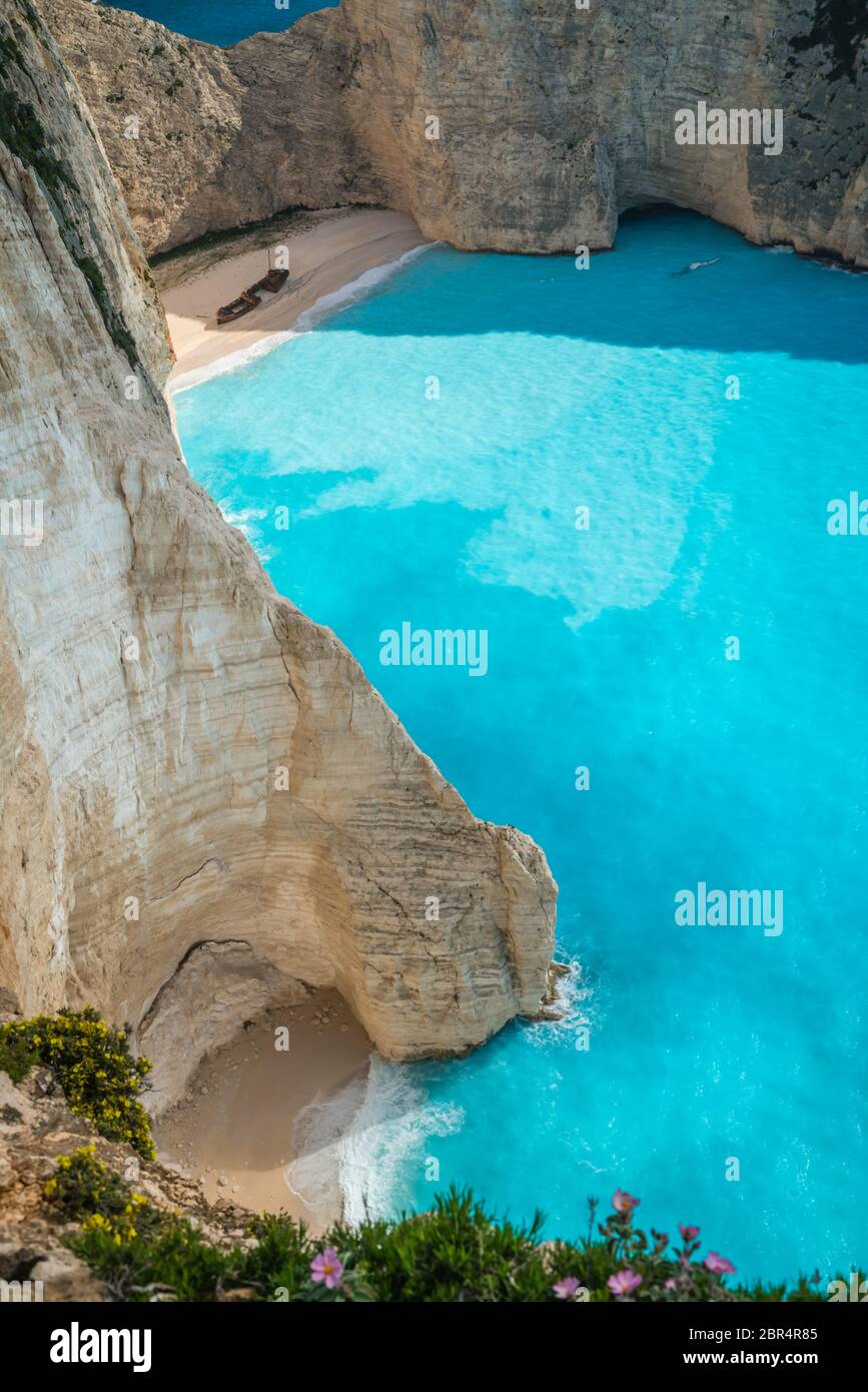 Vertical view of the cliffs near Shipwreck Cove in summer on Zante ...