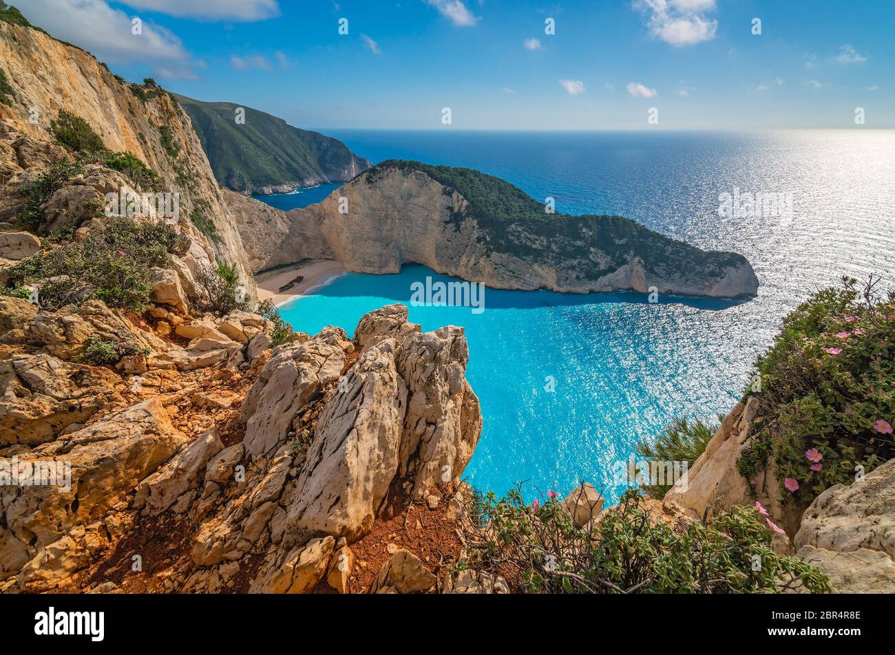 Stunning view of the cliffs in Shipwreck Cove in summer on Zante Island ...