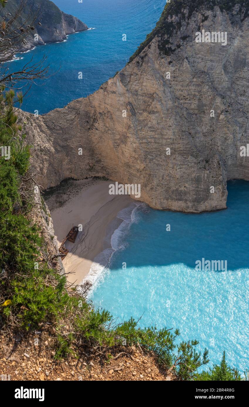 Stunning view of the cliffs in Shipwreck Cove in summer on Zante Island ...
