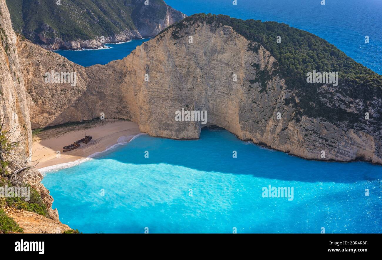 Stunning view of the cliffs in Shipwreck Cove in summer on Zante Island ...