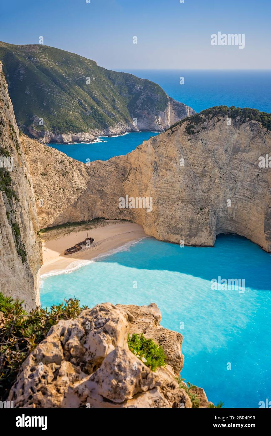 Stunning view of the cliffs in Shipwreck Cove in summer on Zante Island ...