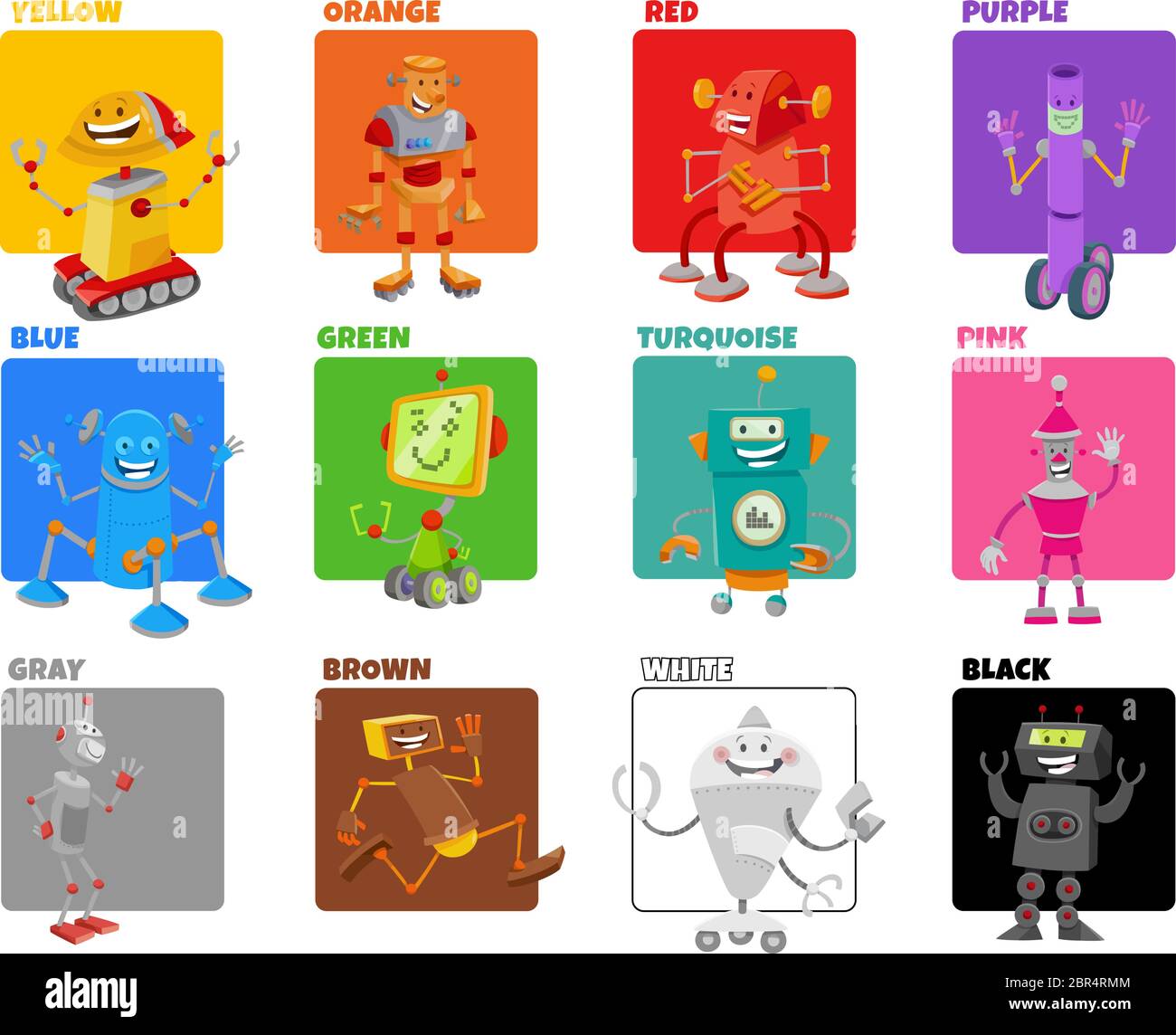 Cartoon Illustration of Basic Colors with Funny Robots Science Fiction ...