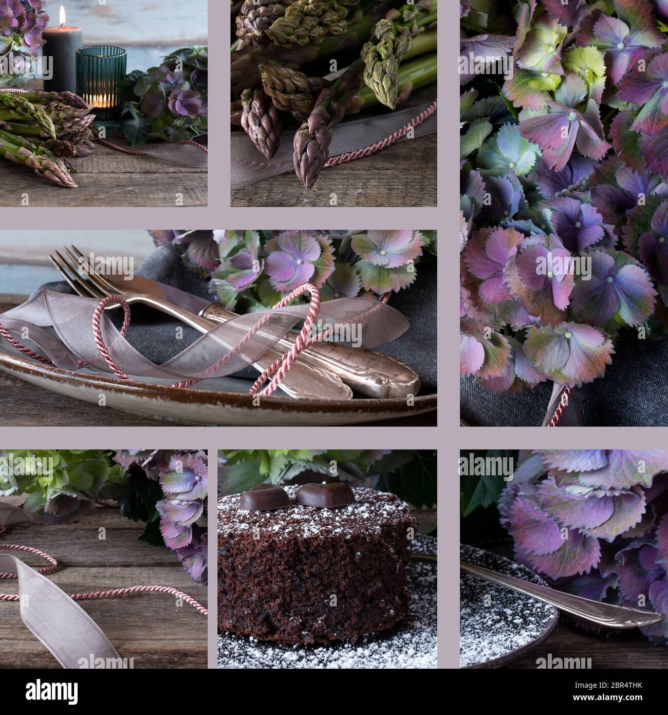 Collage in vintage style of dark atmospheric food photography motives ...