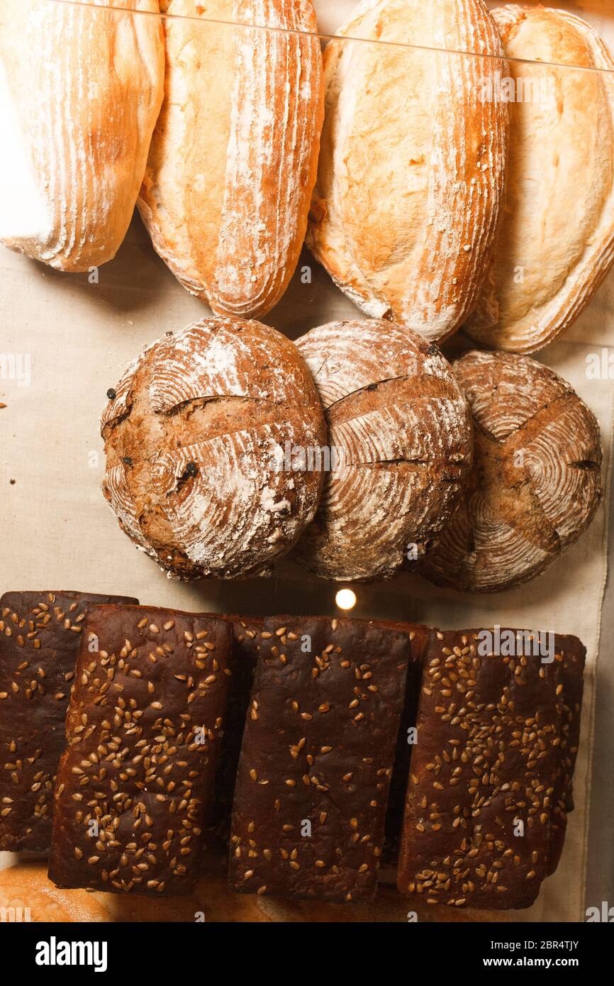 Showcase with Different Kinds of Fresh Hand Made Bread. Bakery Stock ...