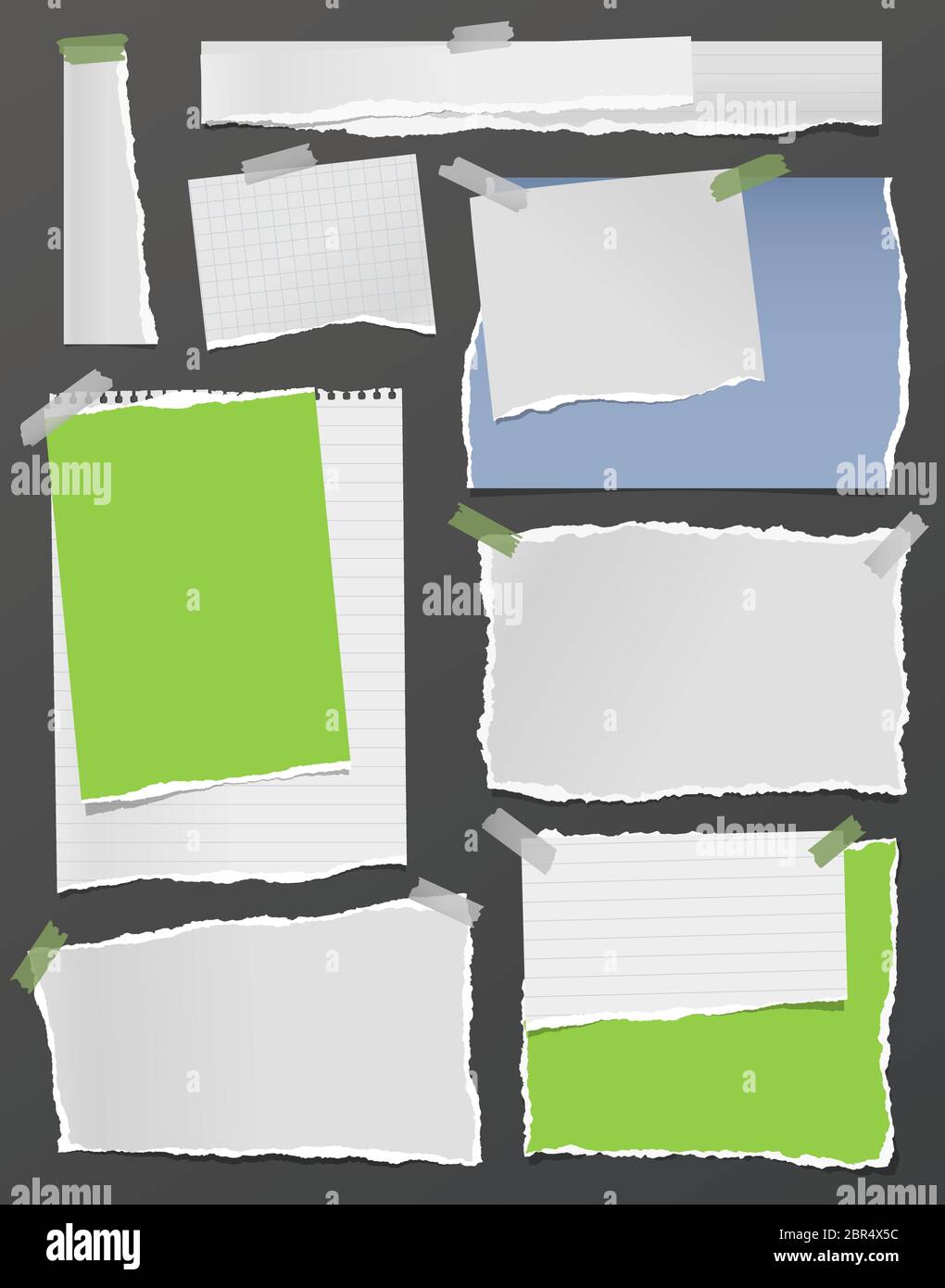 Torn white and colorful note, notebook paper strips and pieces stuck on ...