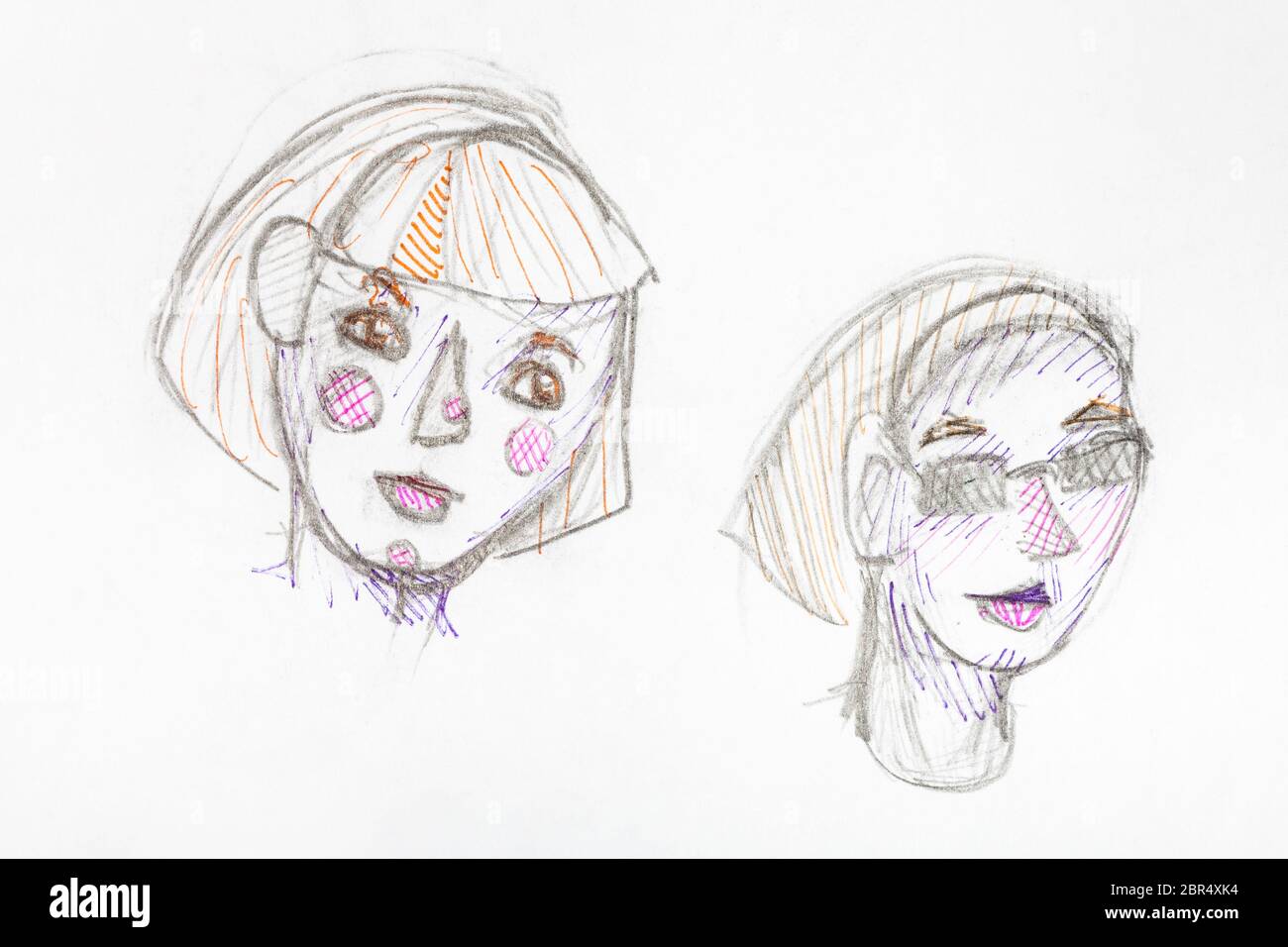 sketch of two heads of girls with pink cheeks hand-drawn by colour ...
