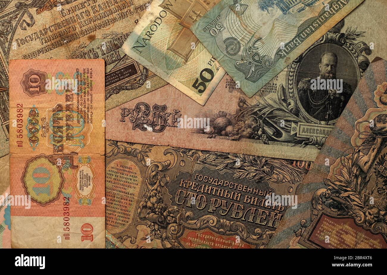 Background from old vintage various banknotes. Collectible retro ...