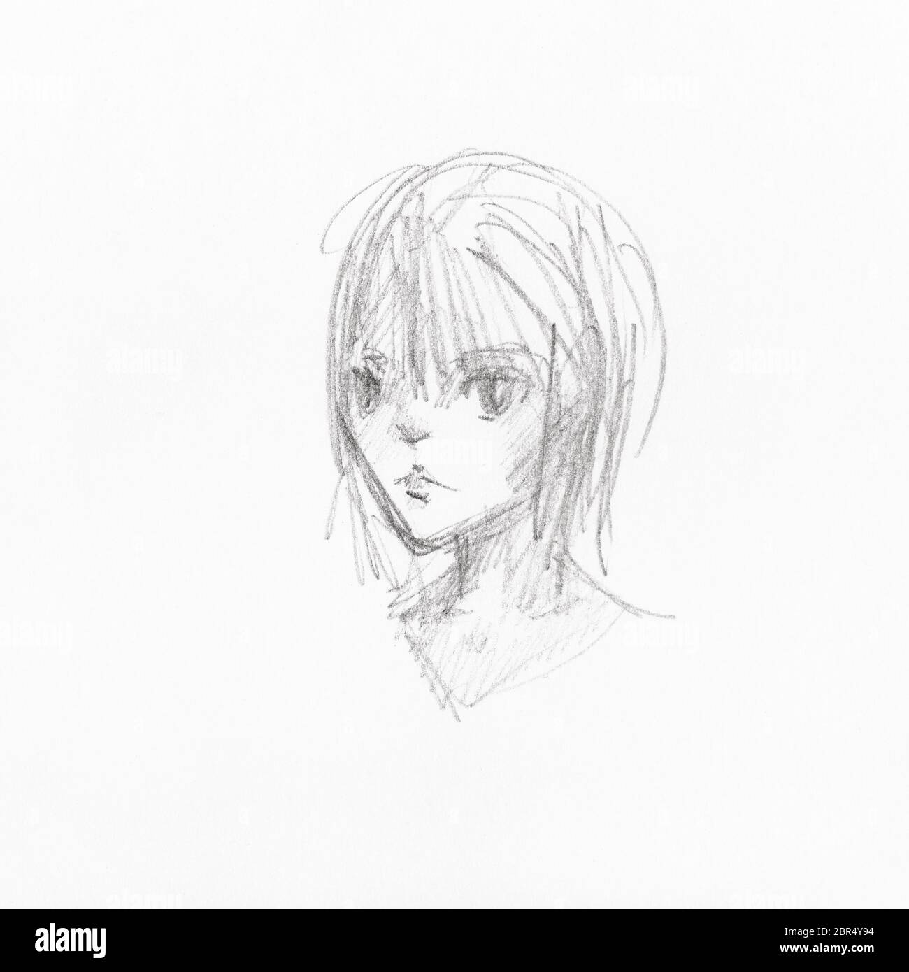 sketch of head of girl with disheveled hair hand-drawn by black pencil ...