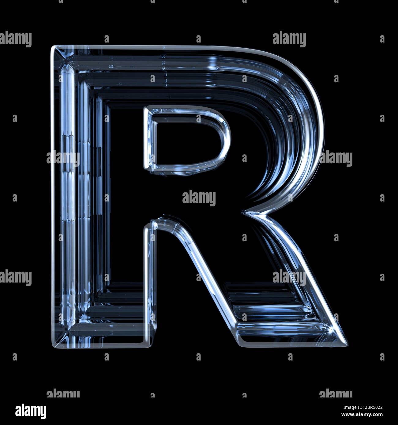 Transparent x-ray letter R. 3D render illustration on black background ...