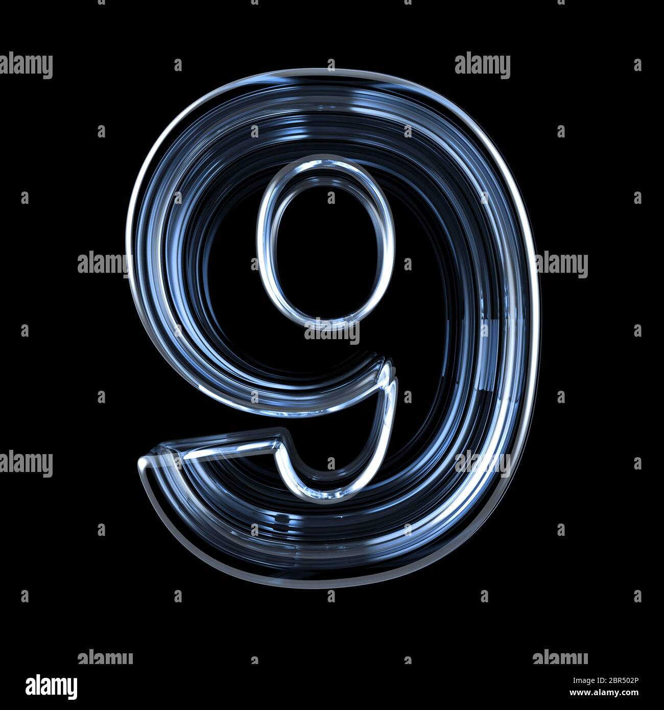 Transparent x-ray number 9 NINE. 3D render illustration on black ...