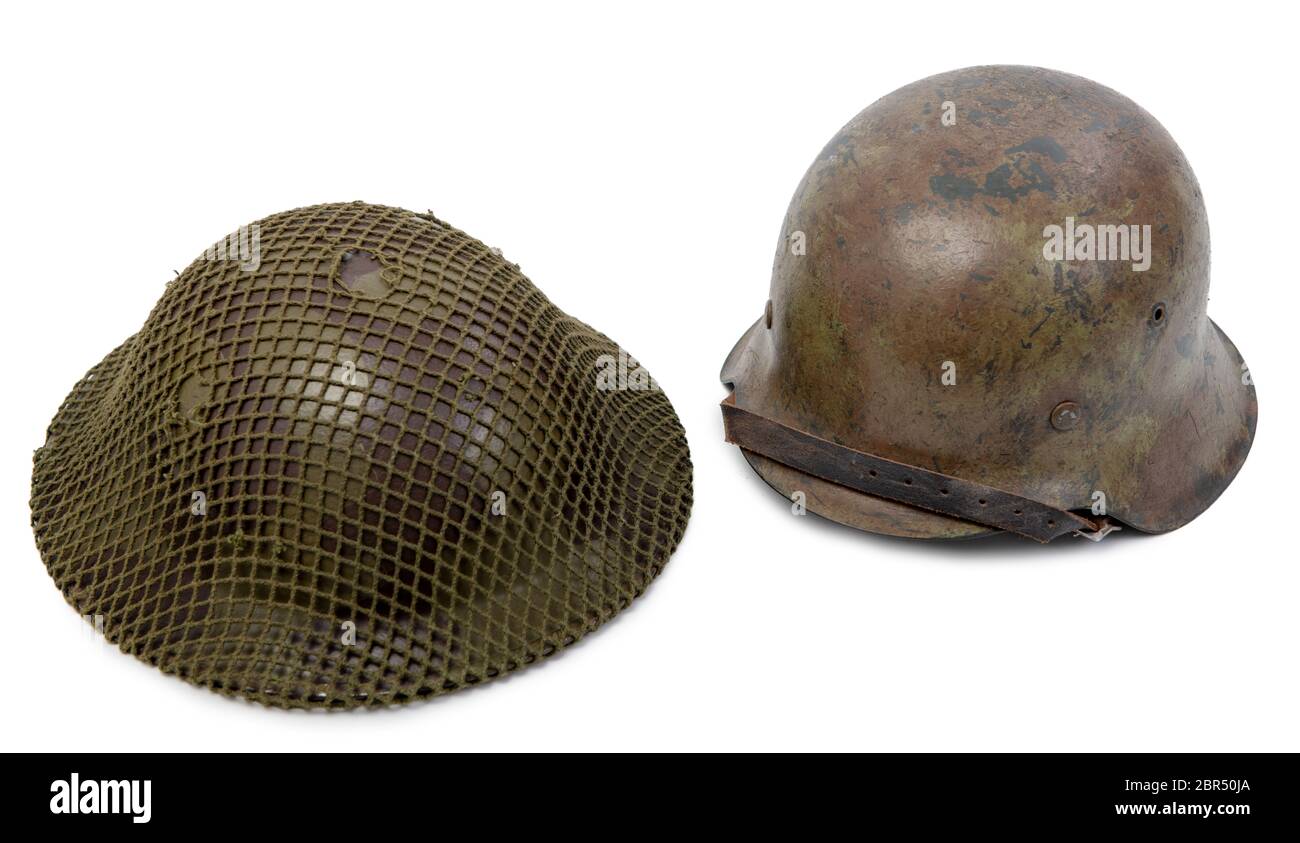 German and British World War Two military helmets, a battle of Normandy ...