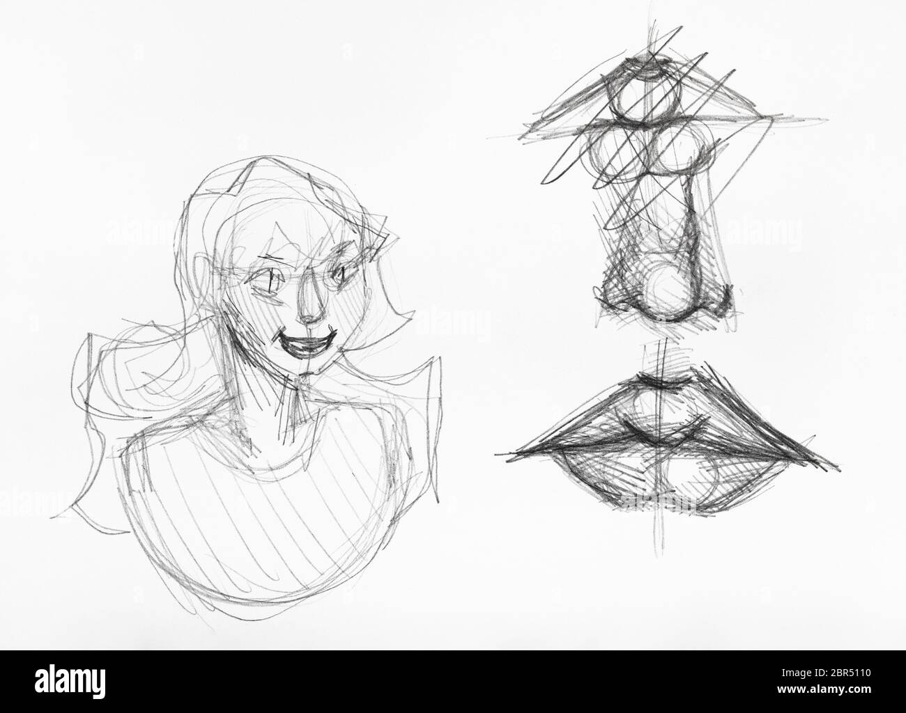 sketches of female head and details of face close up hand-drawn by ...