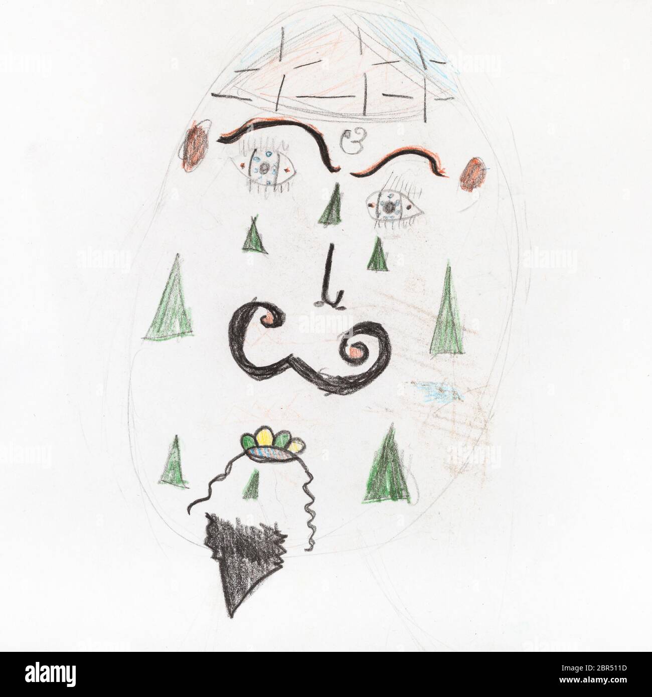 face of fancy man decorated by landscape hand-drawn by pencils on white ...