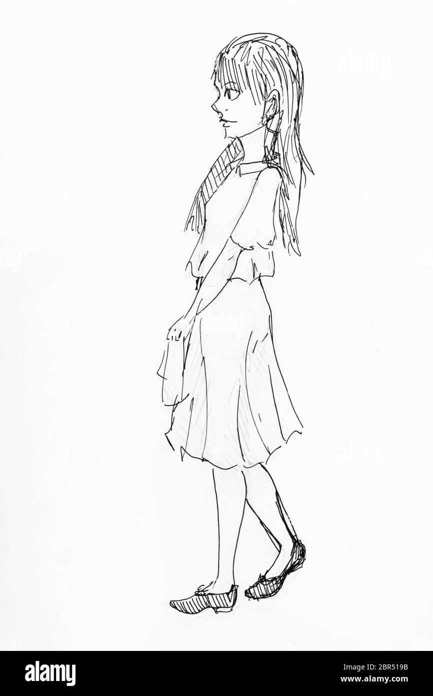 sketch of girl in strict dress hand-drawn by black ink on white paper ...