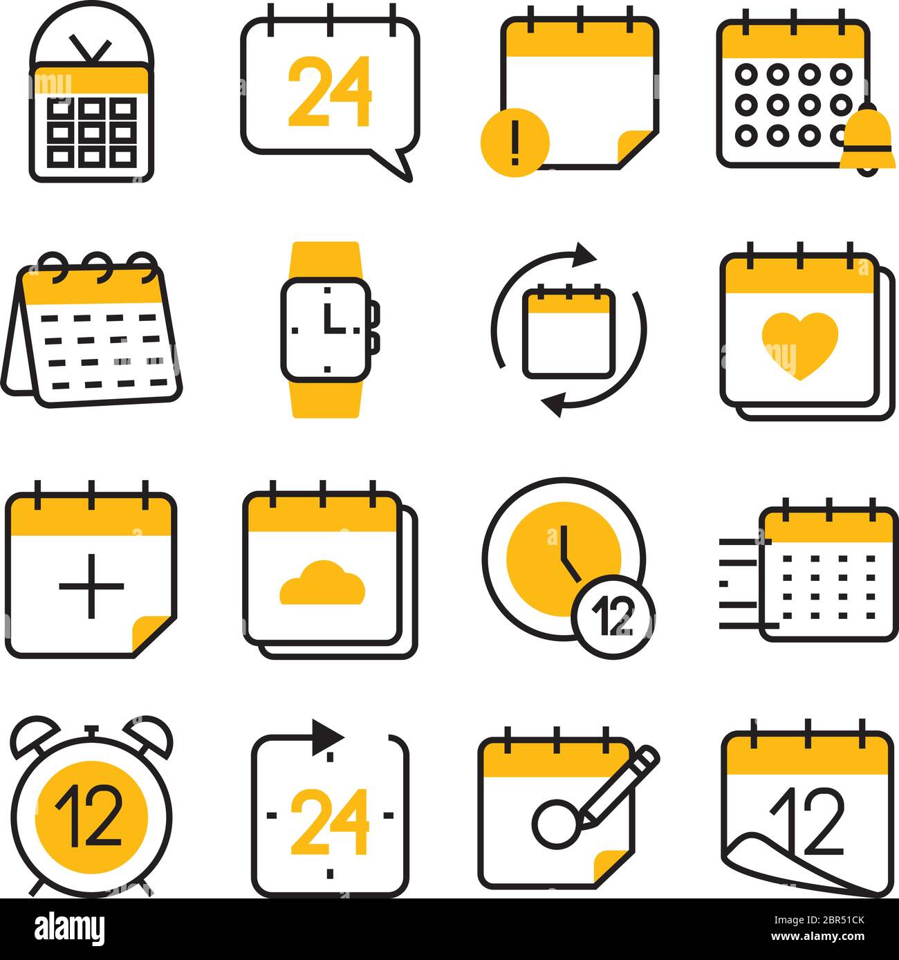 alarm clocks and time icon set over white background, half line half ...