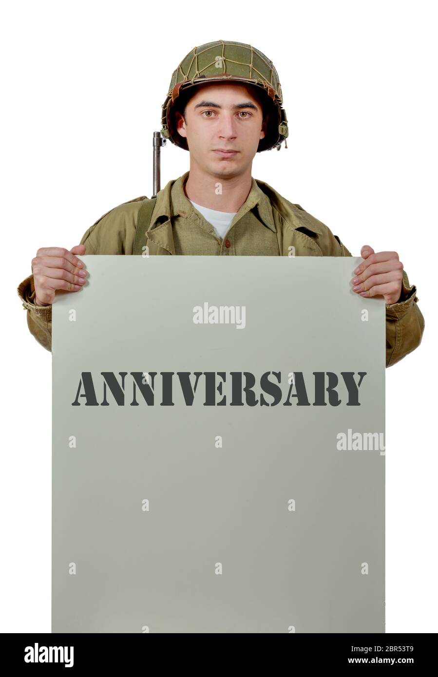 young American soldier with M1 helmet shows a signs Stock Photo - Alamy