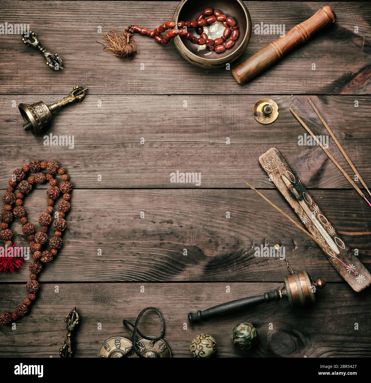 Copper singing bowl, prayer beads, prayer drum and other Tibetan ...