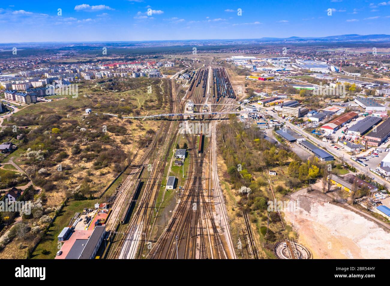 Cargo trains. Aerial view of colorful freight trains on the railway ...