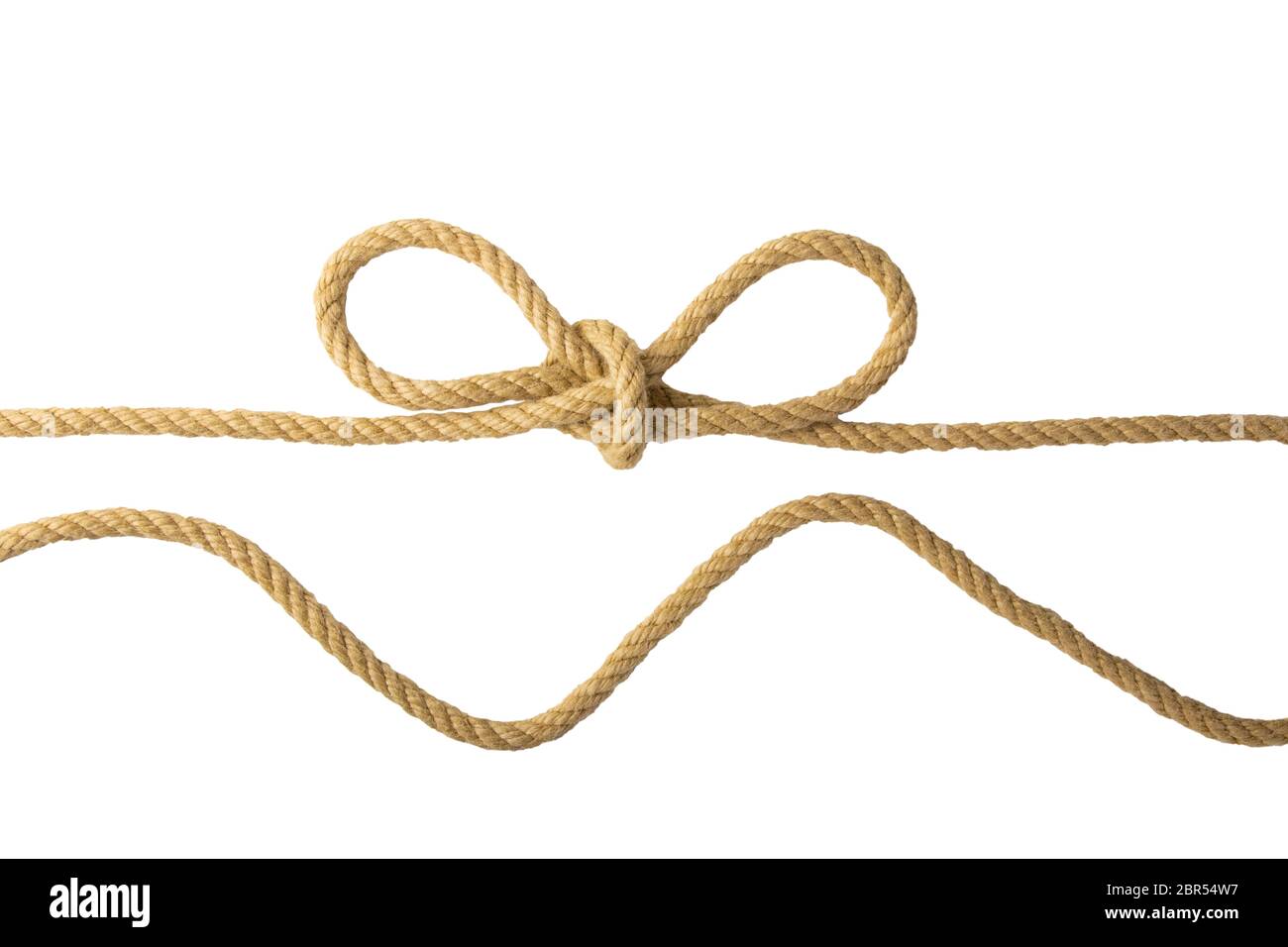 Rope isolated. Closeup of figure node or knot from two brown ropes ...