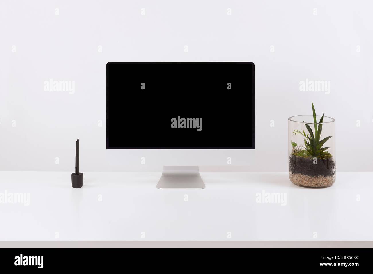 Minimalistic workspace with modern design computer with blank screen ...