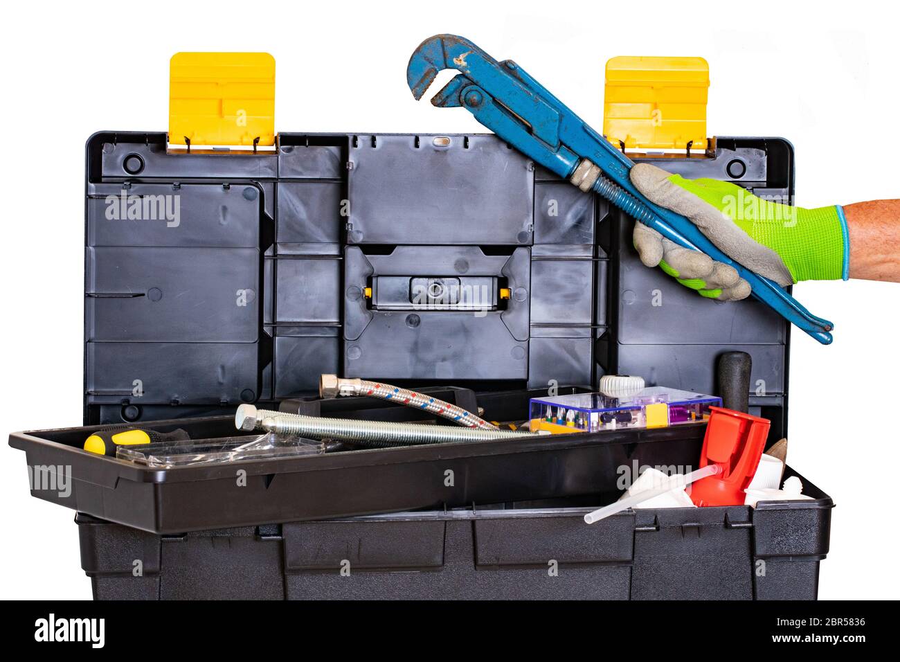 Plumber or carpenter tool box isolated. Black plastic tool kit box with ...