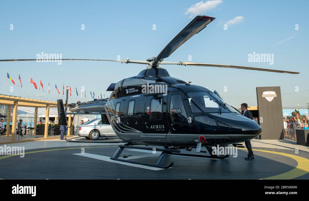 August 30, 2019 Zhukovsky, Russia. The Ansat helicopter in the Aurus ...