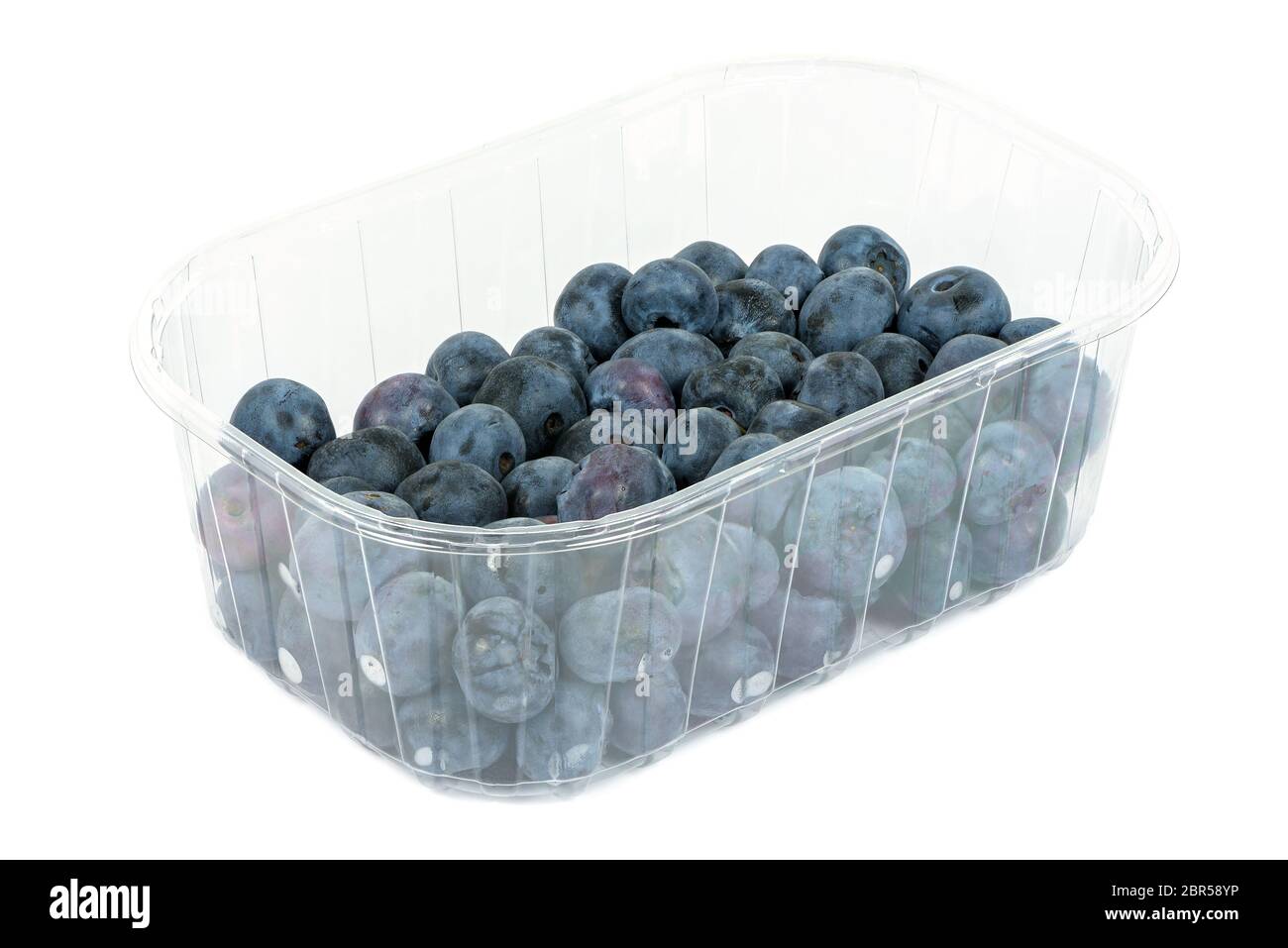 Blueberries in a plastic container isolated on white background with ...