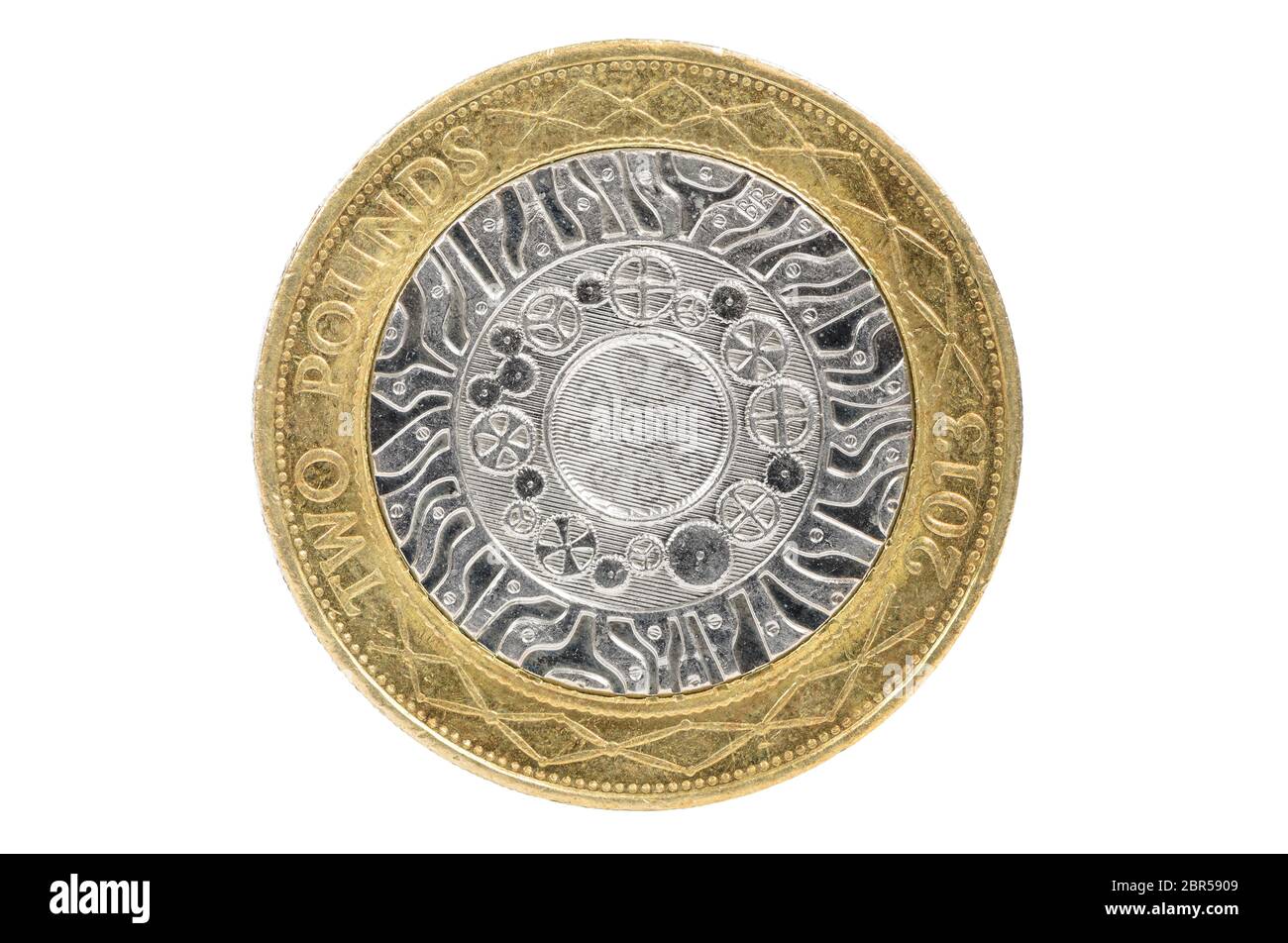 Closeup of british 2 pounds coin isolated on white background with ...