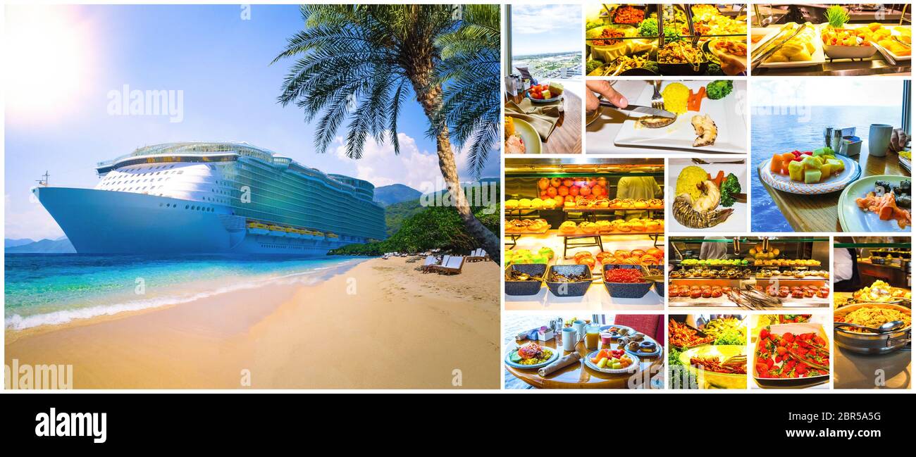 Cruise ship in open water side view with copy space. Collage about room ...