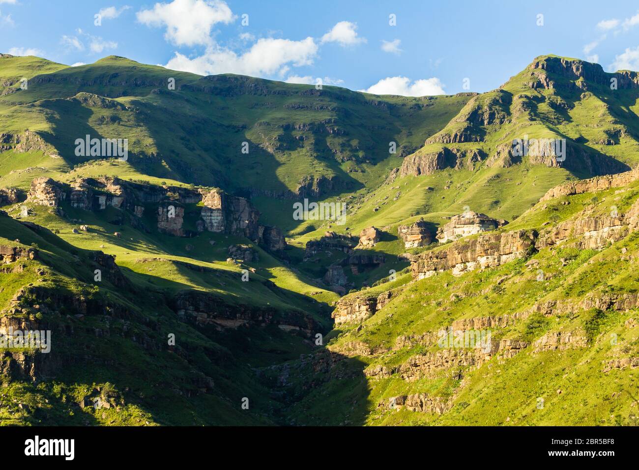 Mountains rock cliffs summer landscape Sani-Pass Drakensberg South ...