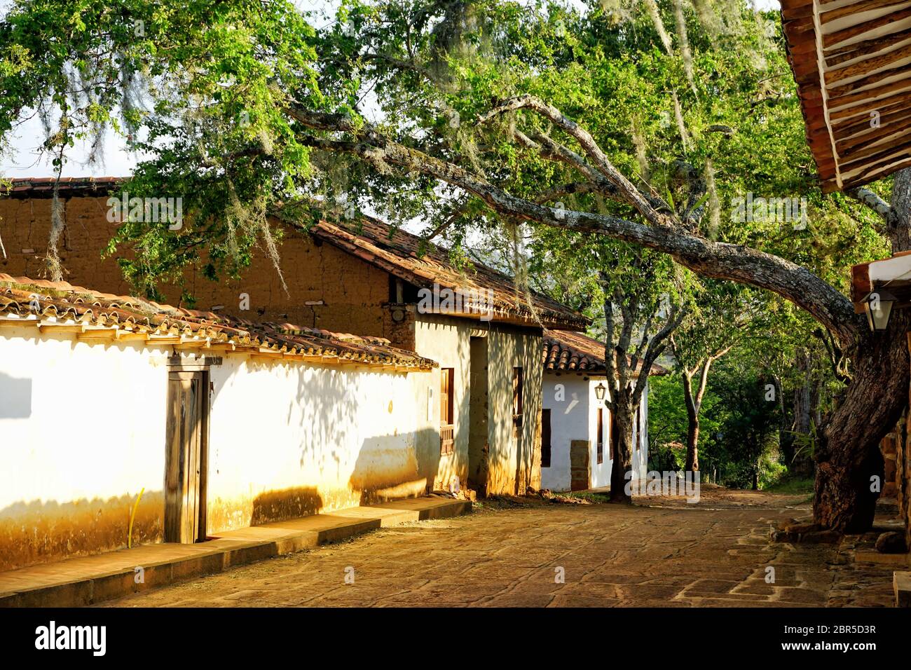 Traditional colonial houses with trees in Barichara, Colombia Stock ...