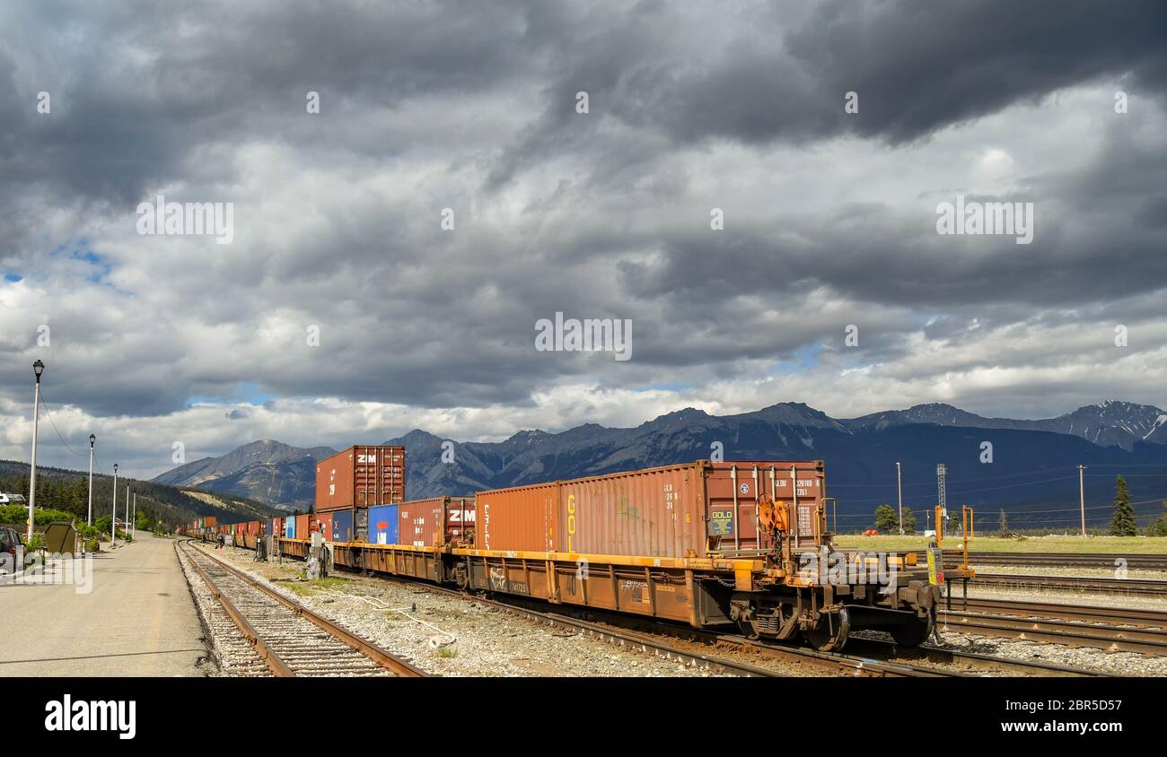 JASPER, ALBERTA, CANADA - JUNE 2018: The end of a long freight train ...