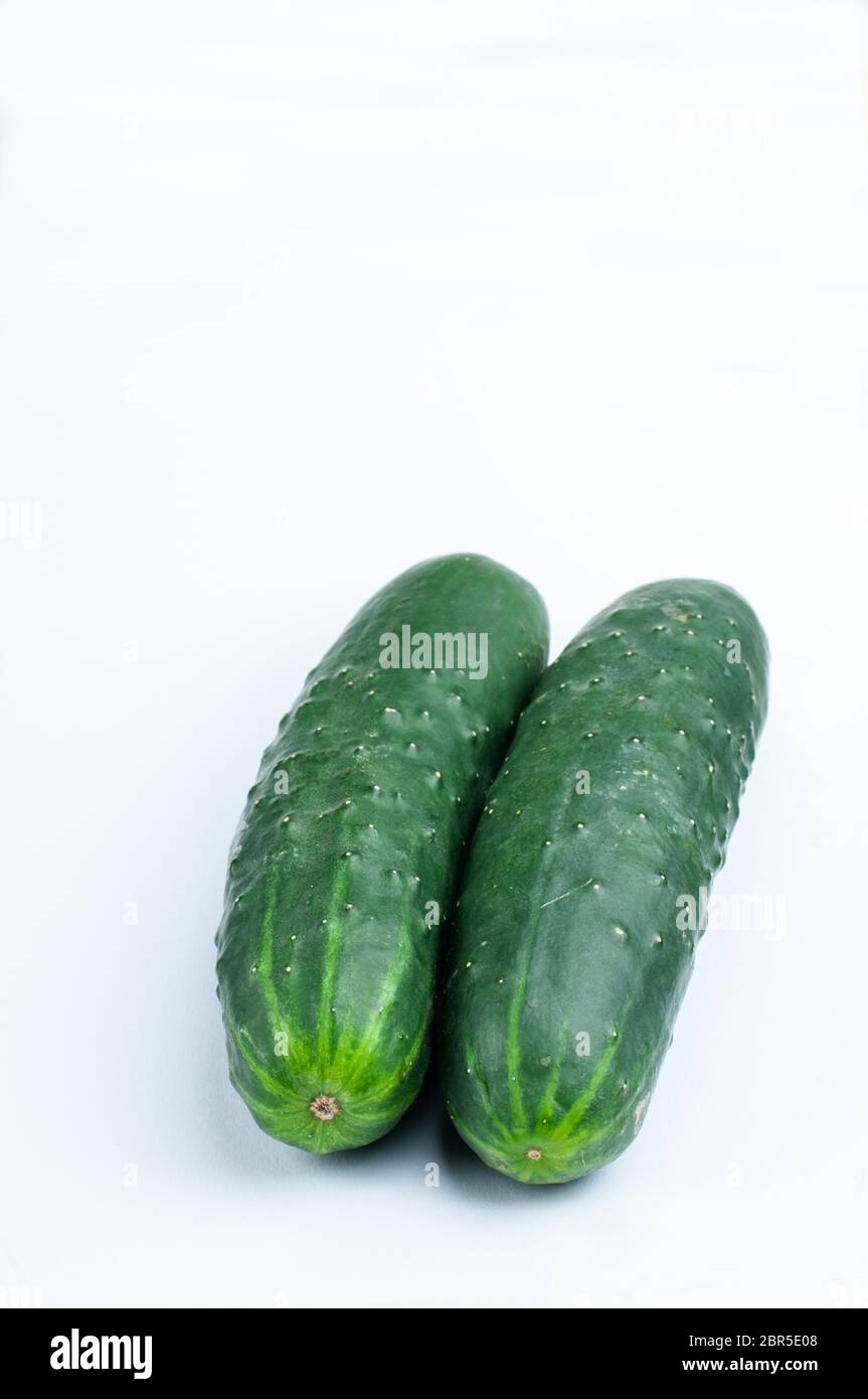two cucumbers lying next to each other on a white background Stock ...