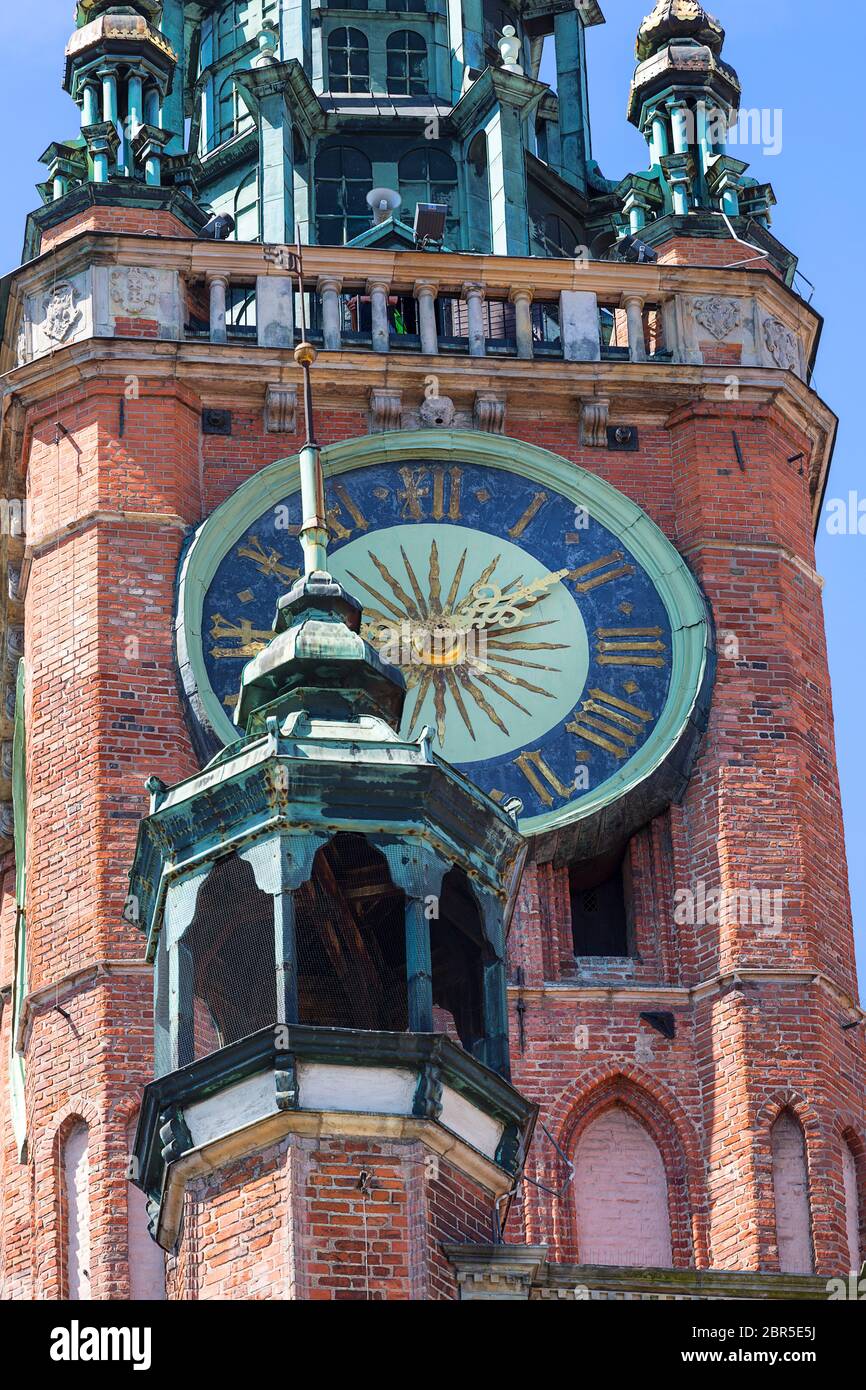 14th century Gdansk Main Town Hall on Royal Route, tower clock, Gdansk ...