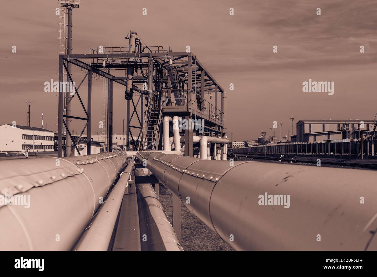 Pipeline and pipe rack of petroleum industrial plant. Offshore Industry ...