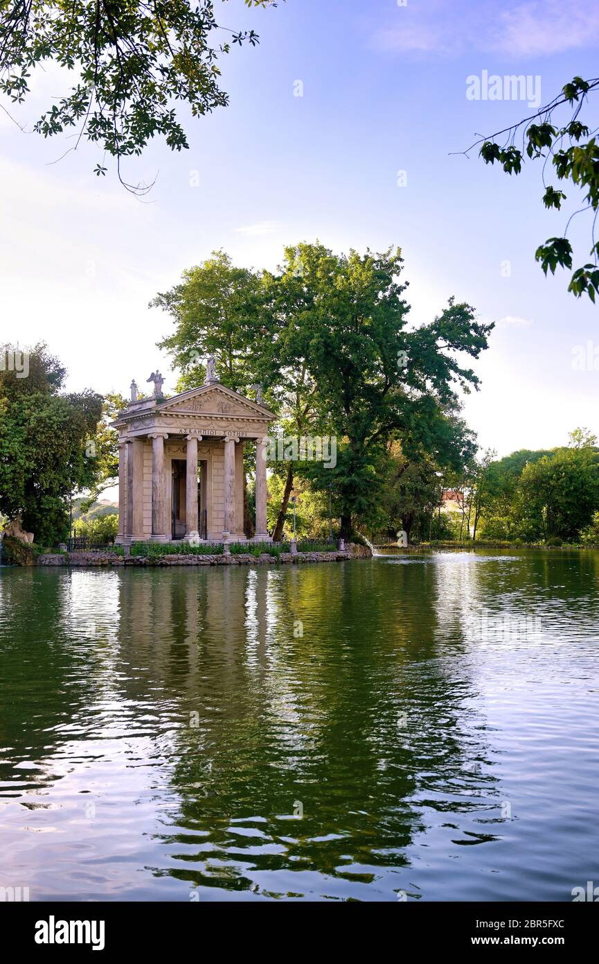 The ruins of Temple of Aesculapius located in the gardens of the Villa Borghese in Rome, Italy ...