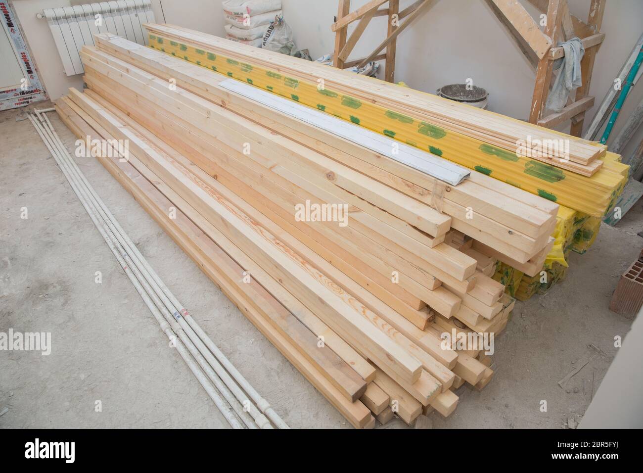 Timber industry objects. Finished wood beams or plank at a warehouse ...