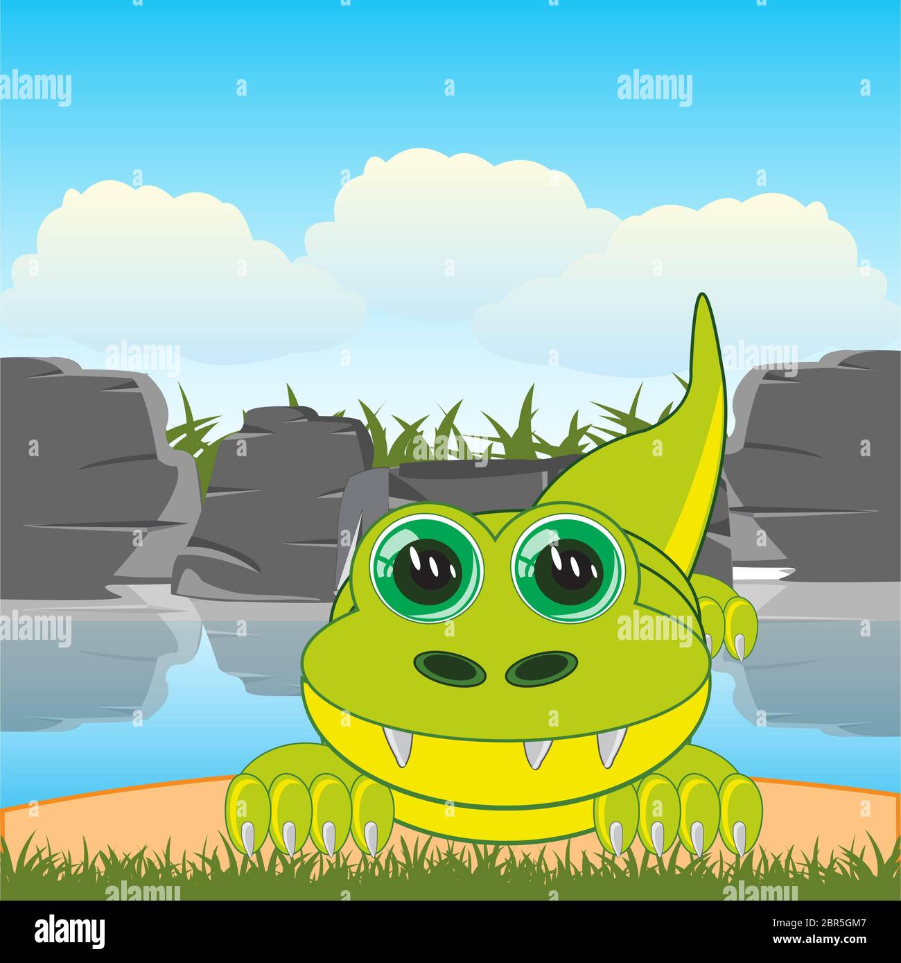 Vector illustration yard in tropic and ravenous animal crocodile ashore ...