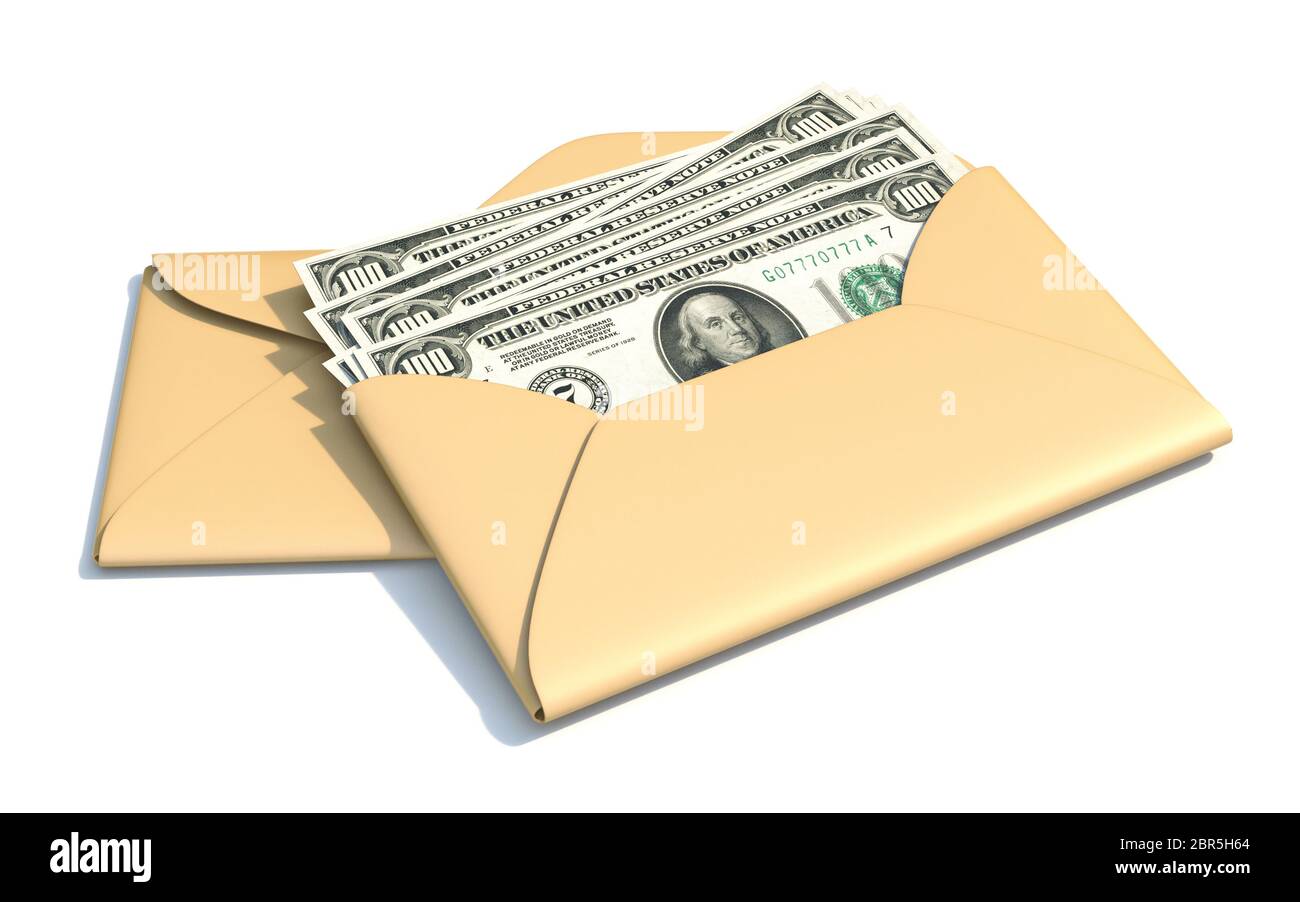 Dollars in envelope 3D render illustration isolated on white background ...