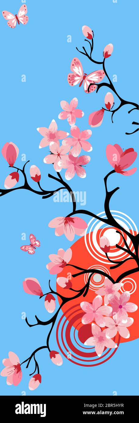 japanese cherry tree pink blossoms asia tradition illustration Stock ...