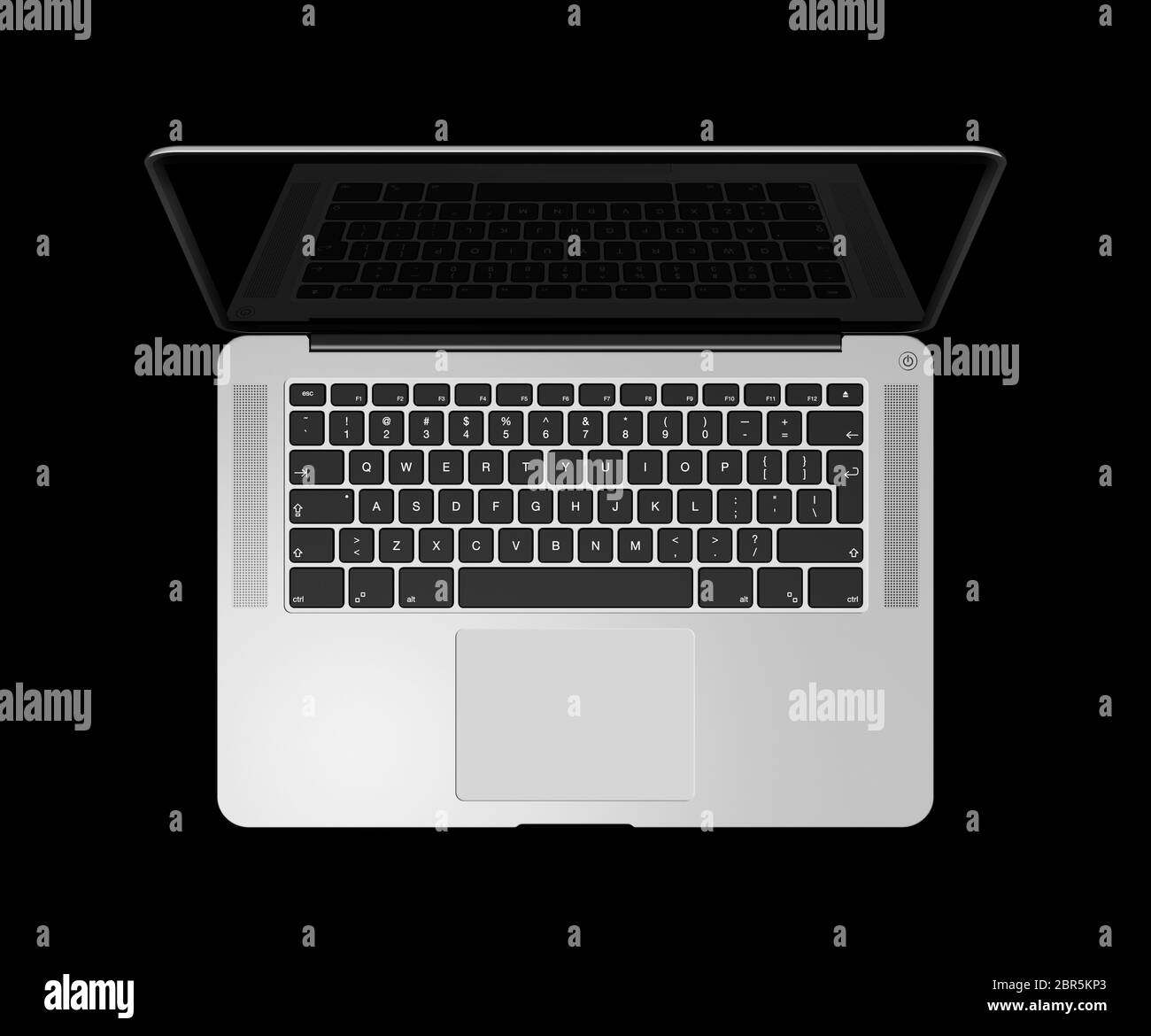 Open laptop top view with black screen, isolated on black. 3D render ...