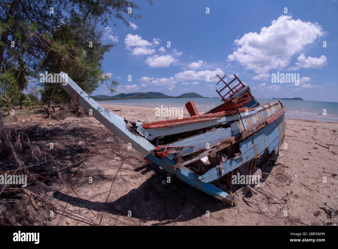 Storm damage. Fishing boat are damaged. Boat collapsed Stock Photo - Alamy