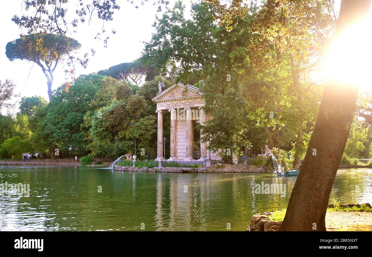 The ruins of Temple of Aesculapius located in the gardens of the Villa Borghese in Rome, Italy ...