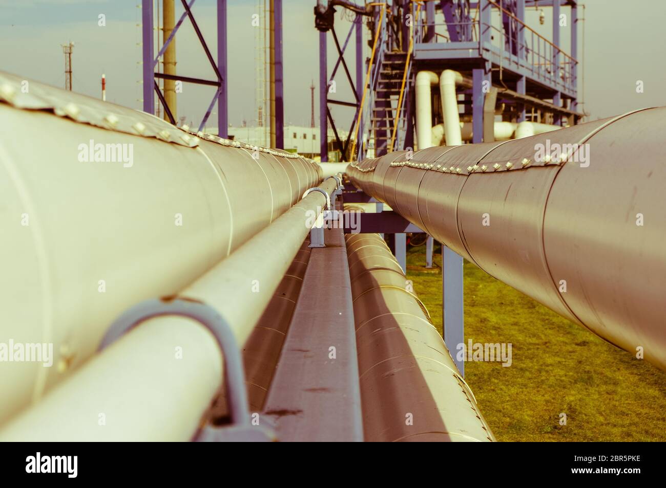 Pipeline and pipe rack of petroleum industrial plant. Offshore Industry ...