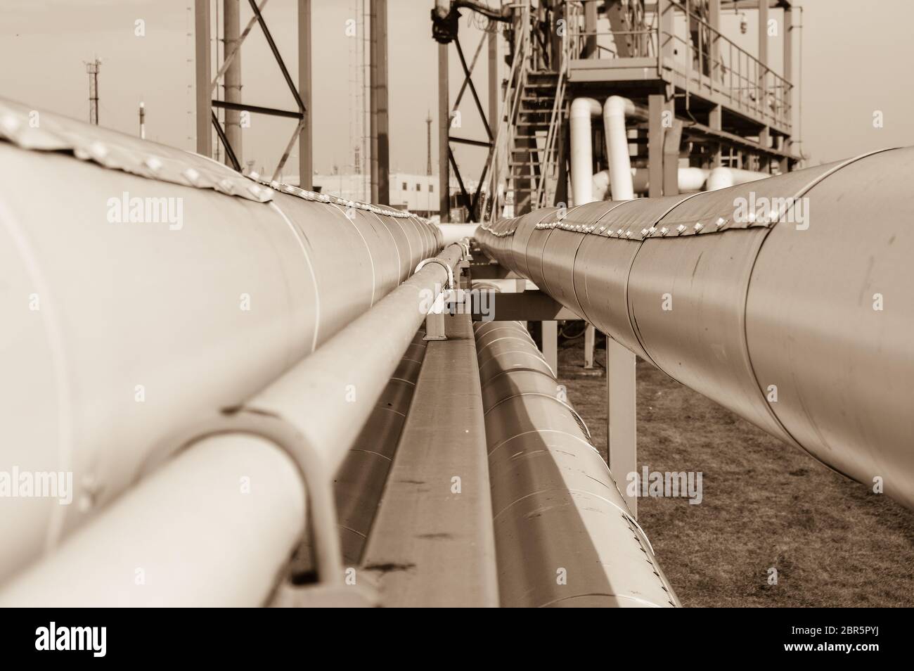 Pipeline and pipe rack of petroleum industrial plant. Offshore Industry ...