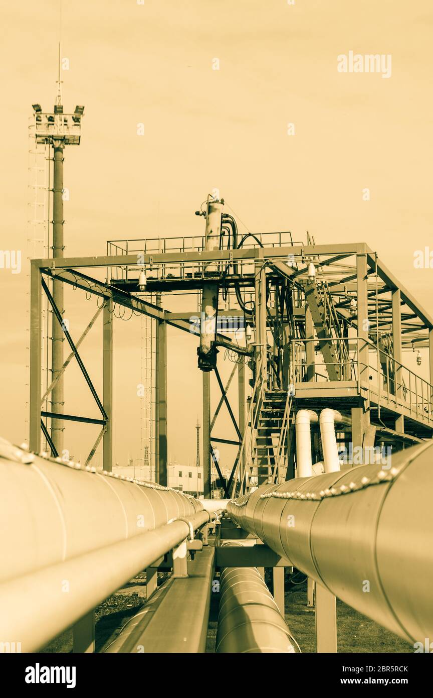 Pipeline and pipe rack of petroleum industrial plant. Offshore Industry ...