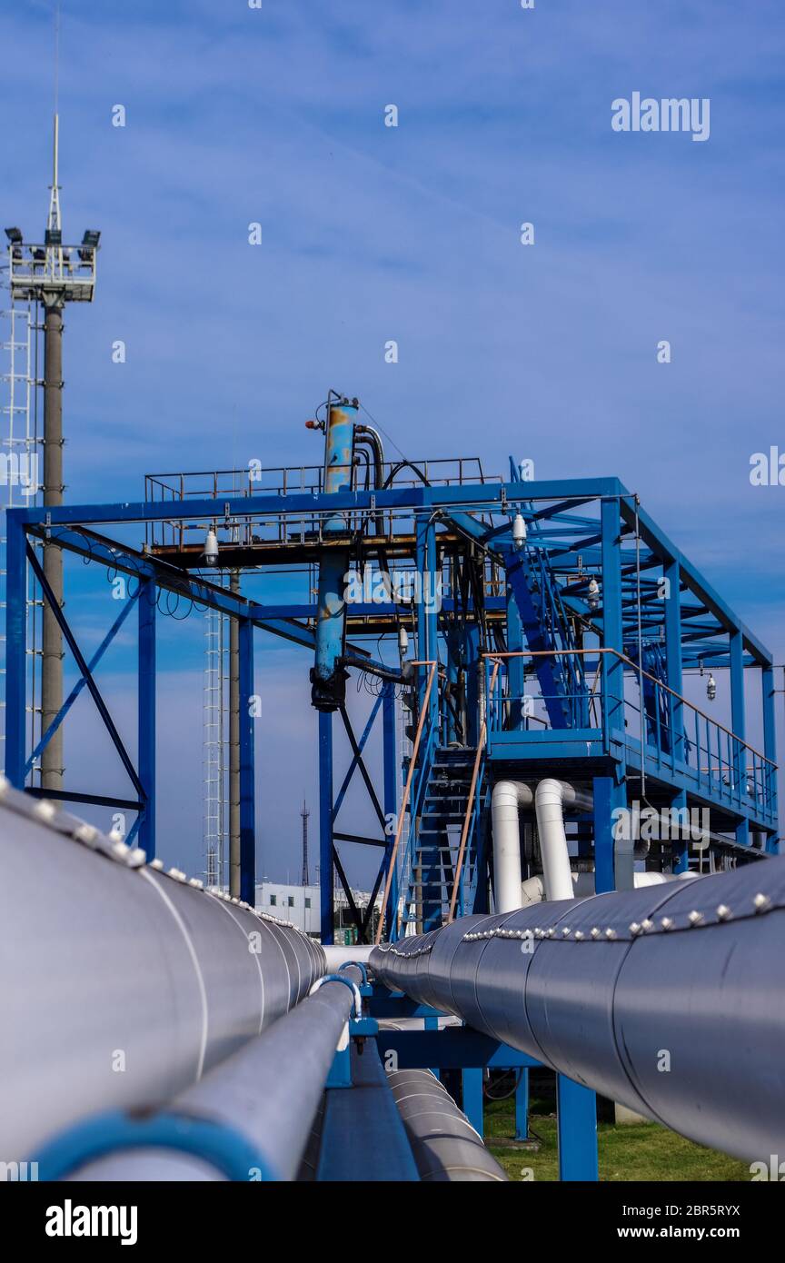 Pipeline and pipe rack of petroleum industrial plant. Offshore Industry ...