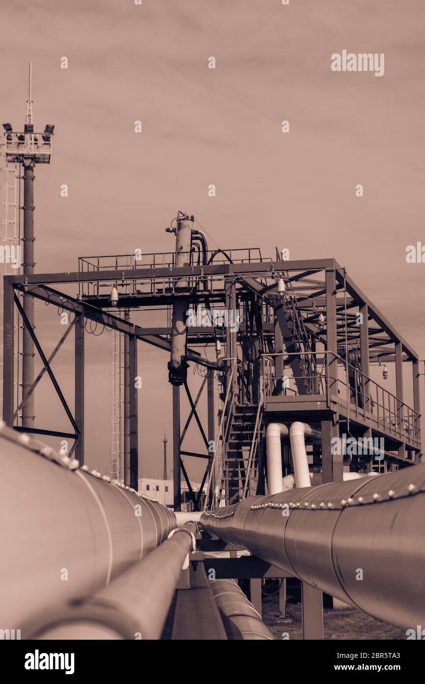 Pipeline and pipe rack of petroleum industrial plant. Offshore Industry ...